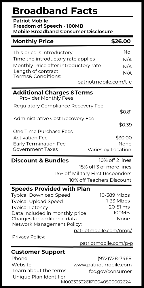 Plan Rates - Broadband Labels - Patriot Mobile | Mobilizing Freedom
